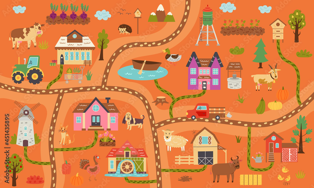 Autumn horizontal rustic farm map. Map constructor village, farm ...