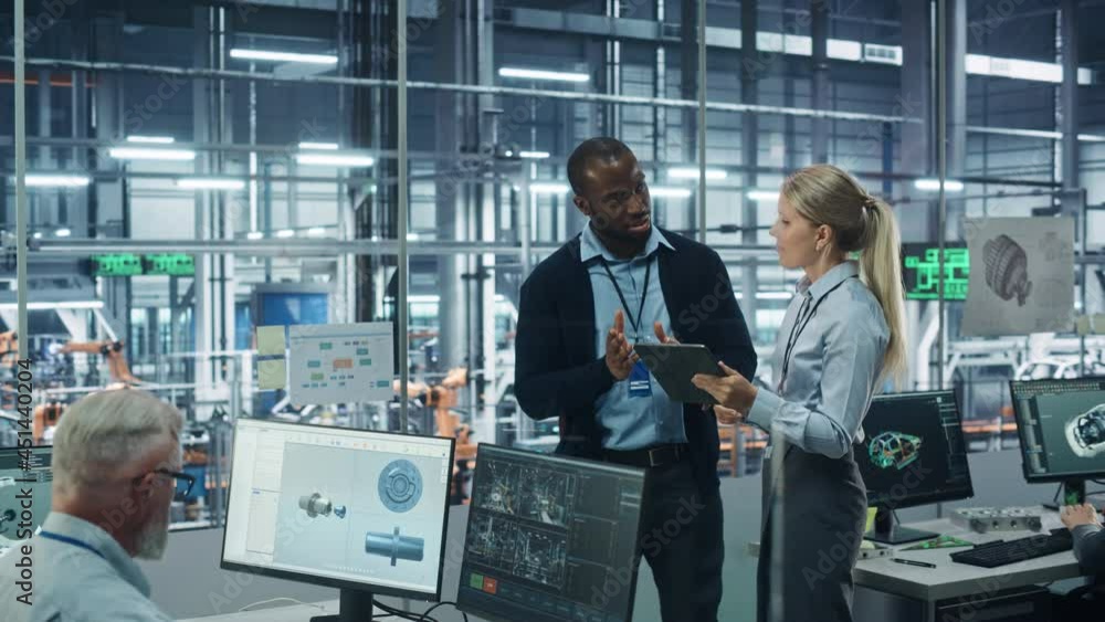 Car Factory Office: Female Engineer Talks with Male Scientist, Use ...