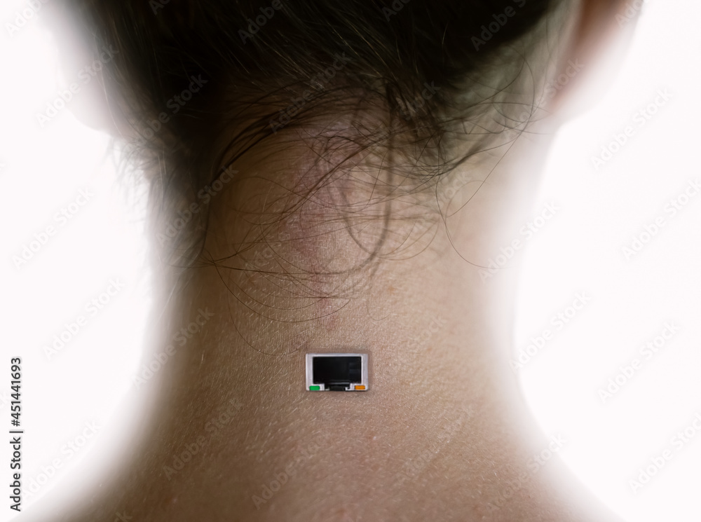 Human neck with a ethernet plug integrated. illustrating human and ...