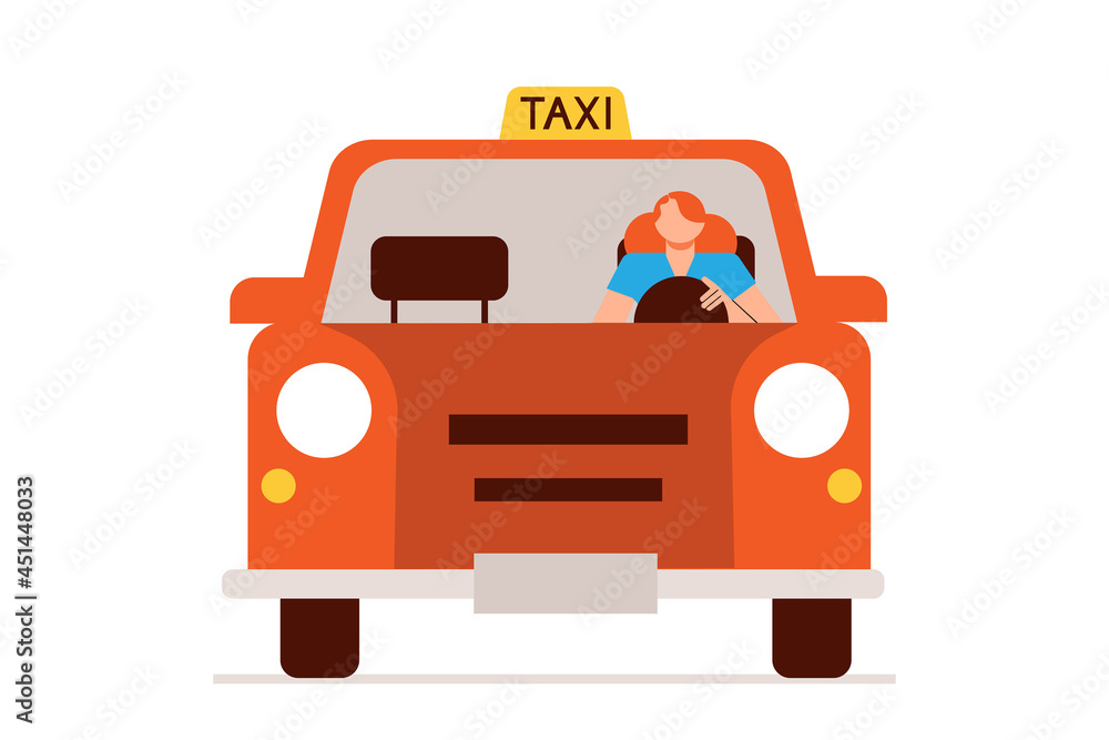 Female taxi driver, white woman driving red cab. Flat vector ...