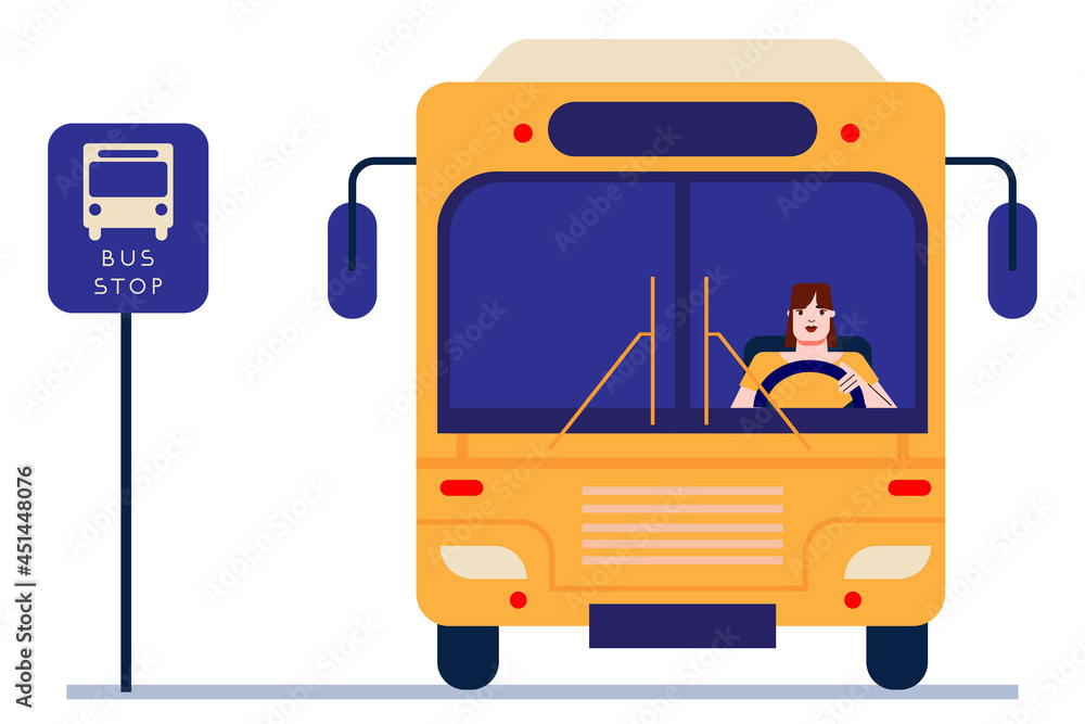 Female bus driver, white woman driving a yellow vehicle. Flat vector ...