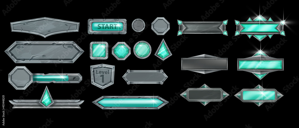 Stone UI game frame set, rock vector user interface button kit, green gemstone, magic assets ...
