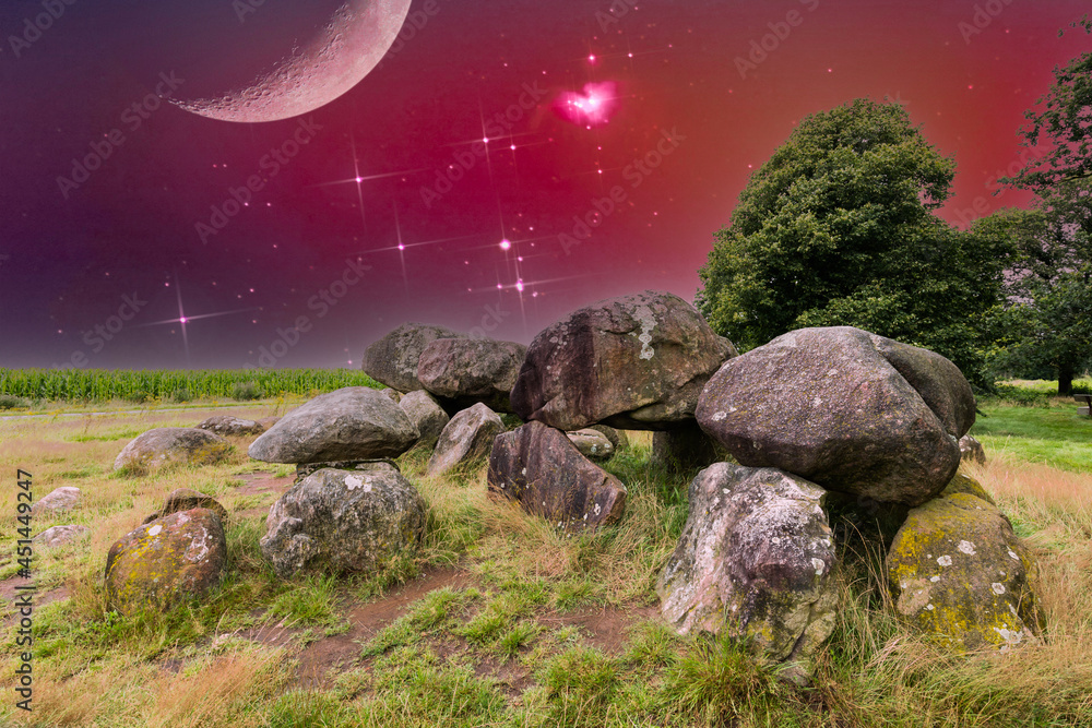 Blended image of a night view with starry sky and supermoon and the ...