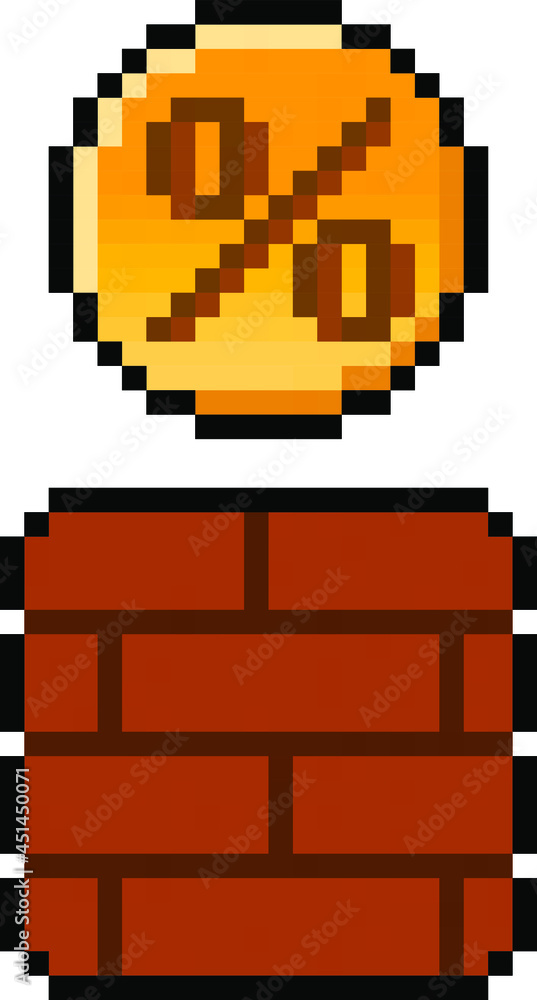 Pixel 8 bit percentage coin emerging from a gaming block - vector ...