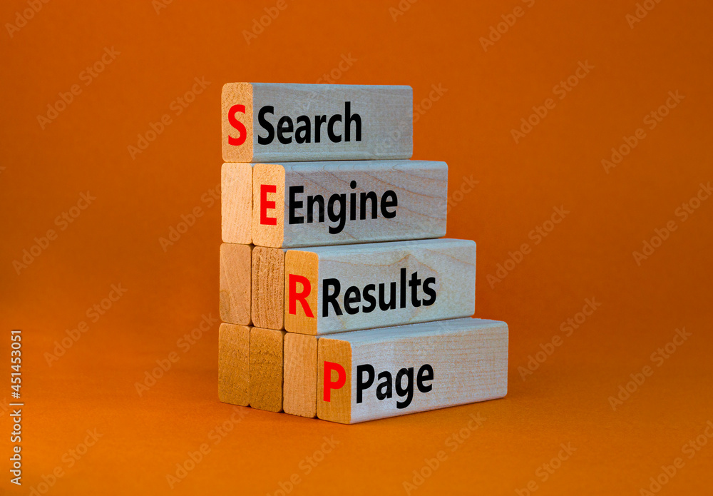 SERP symbol. Abbreviation SERP search engine results page on wooden ...