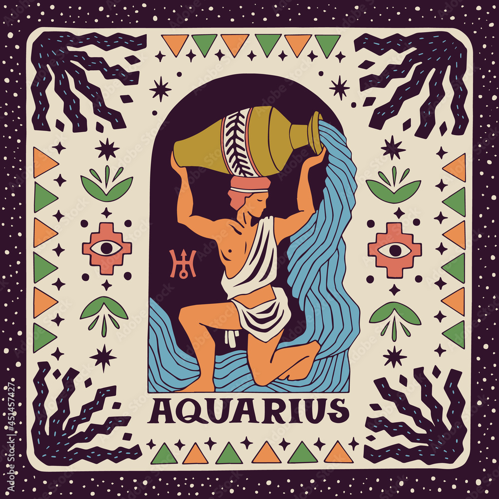 Aquarius zodiac sign. Horoscope. Illustration for souvenirs and social ...