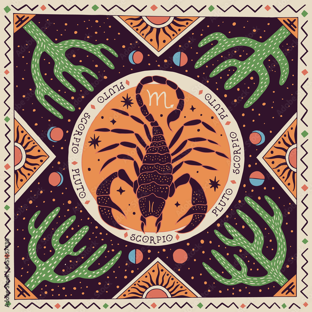 Scorpio zodiac sign. Horoscope. Illustration for souvenirs and social ...