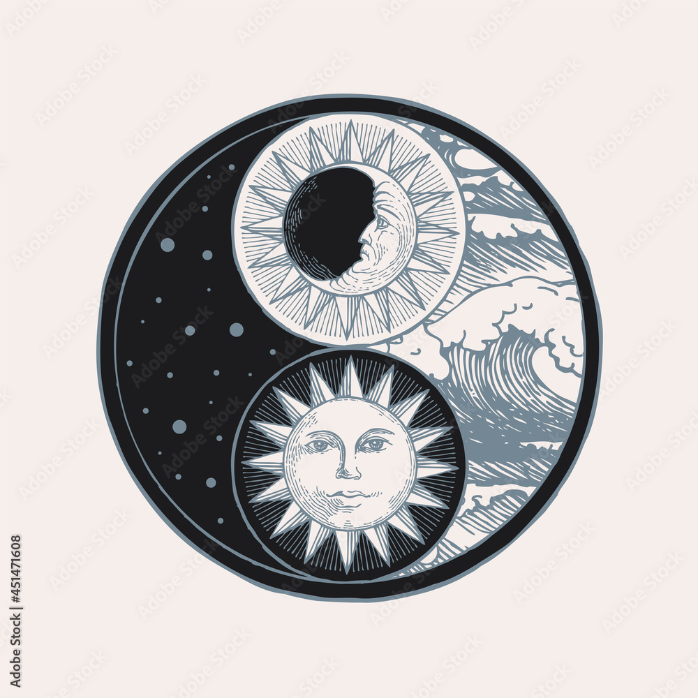 Fototapeta Vector yin yang symbol with sun, moon, stars and sea waves ...
