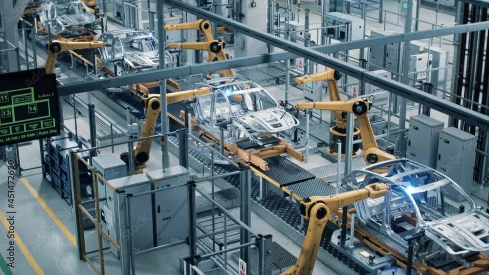 Car Factory 3D Concept: Automated Robot Arm Assembly Line Manufacturing ...