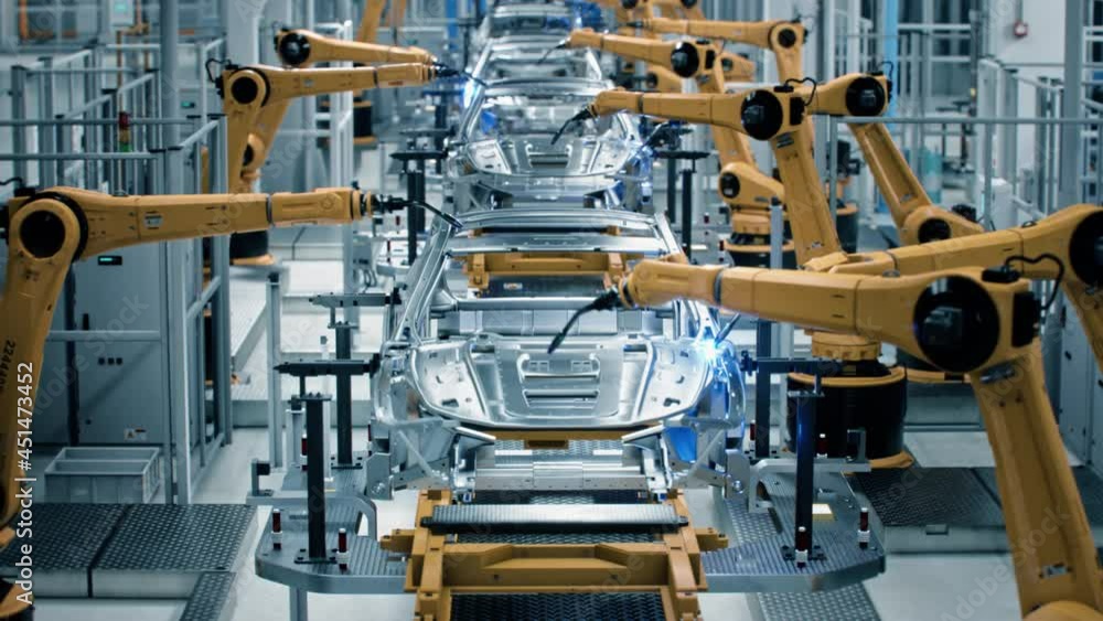 Car Factory 3D Concept: Automated Robot Arm Assembly Line Manufacturing ...