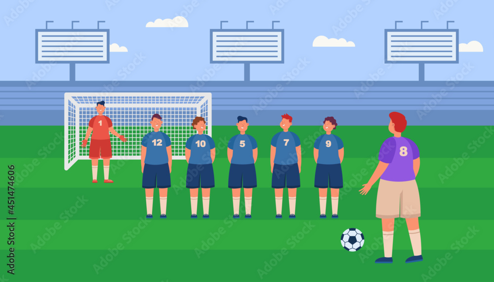 Cartoon football player ready for penalty kick at stadium. Man kicking ...