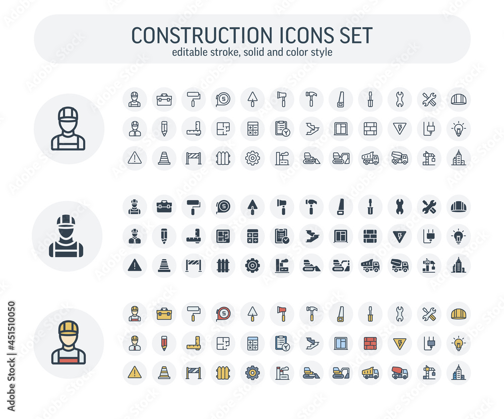 Vector editable stroke, solid, color style icons set. Illustration with ...