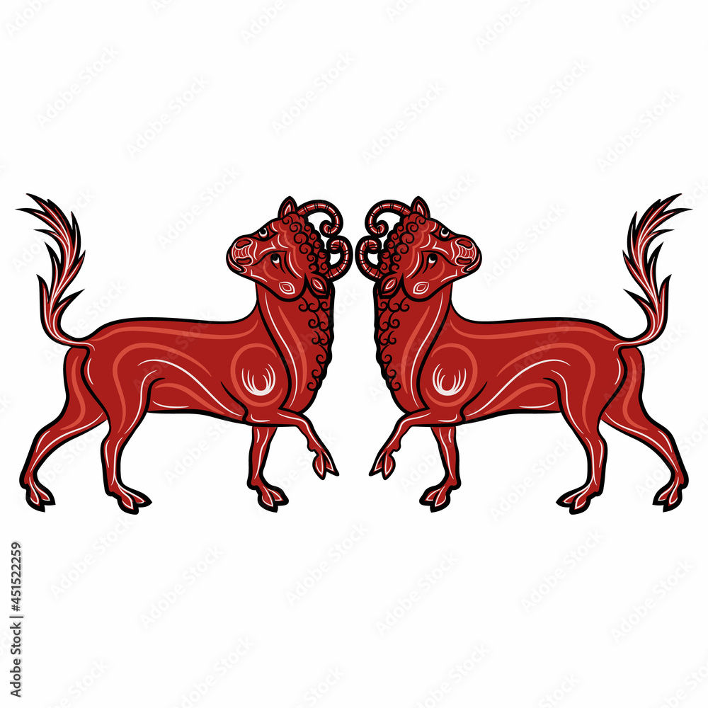 Symmetrical animal design or frame with two stylized red bulls or ...