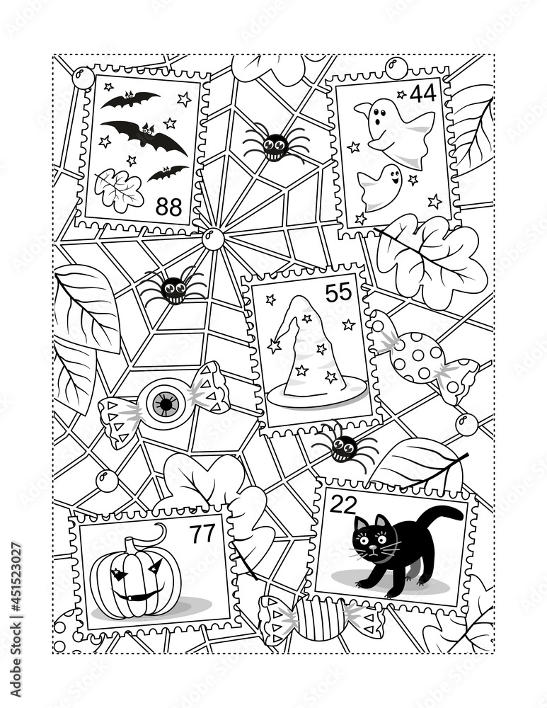Coloring page with Halloween postage stamps, spiderweb and spiders ...
