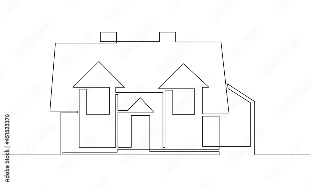 One continuous line drawing of family two story house at village ...