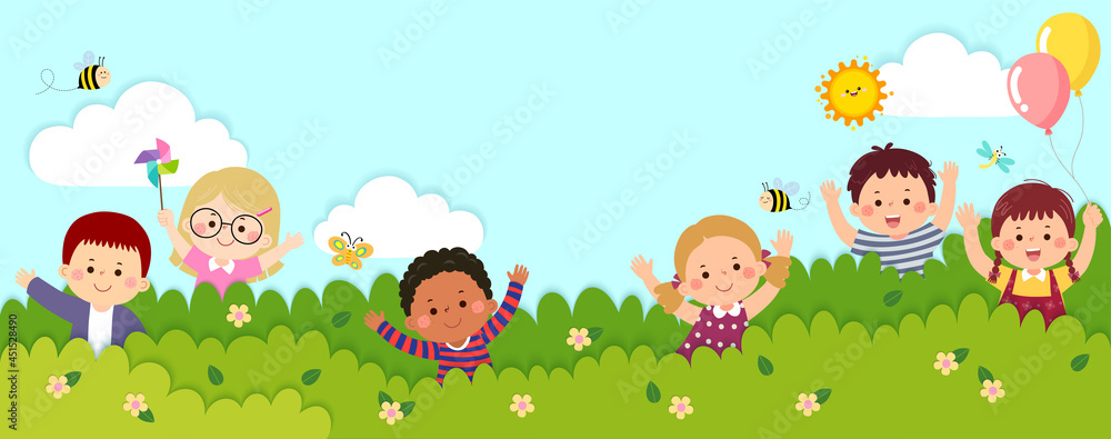 Vector horizontal banners with happy kids standing behind the bushes in ...