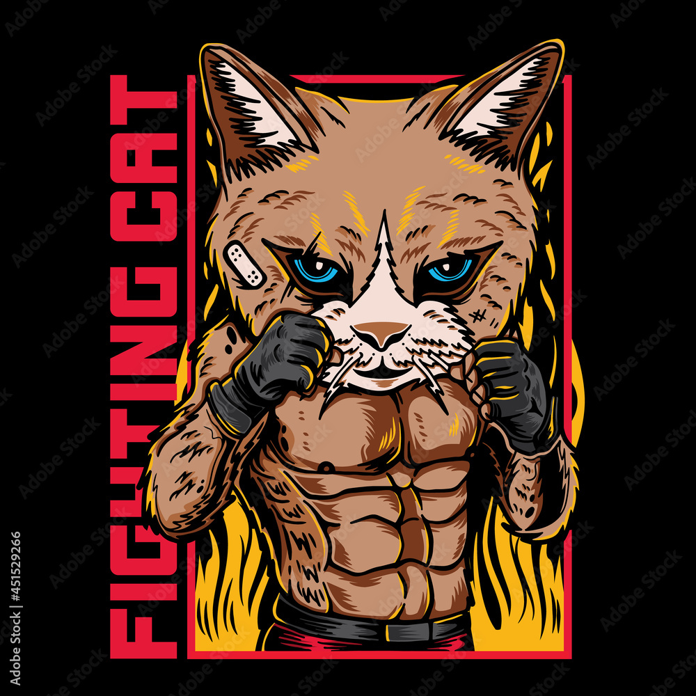 Vector graphic Illustration of cat fighter cartoon with vintage retro ...