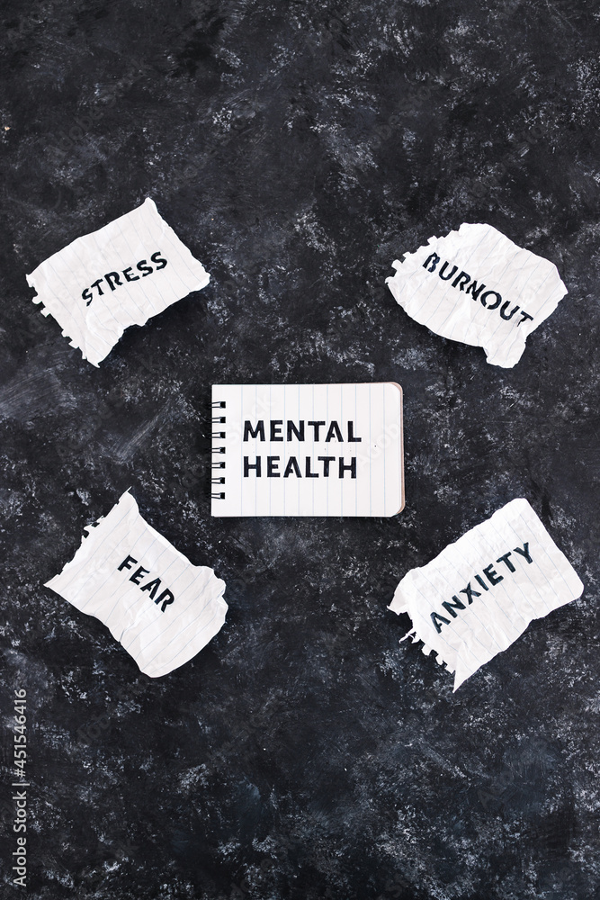 Mental health text on notepad surrounded by Fear Anxiety Stress and ...