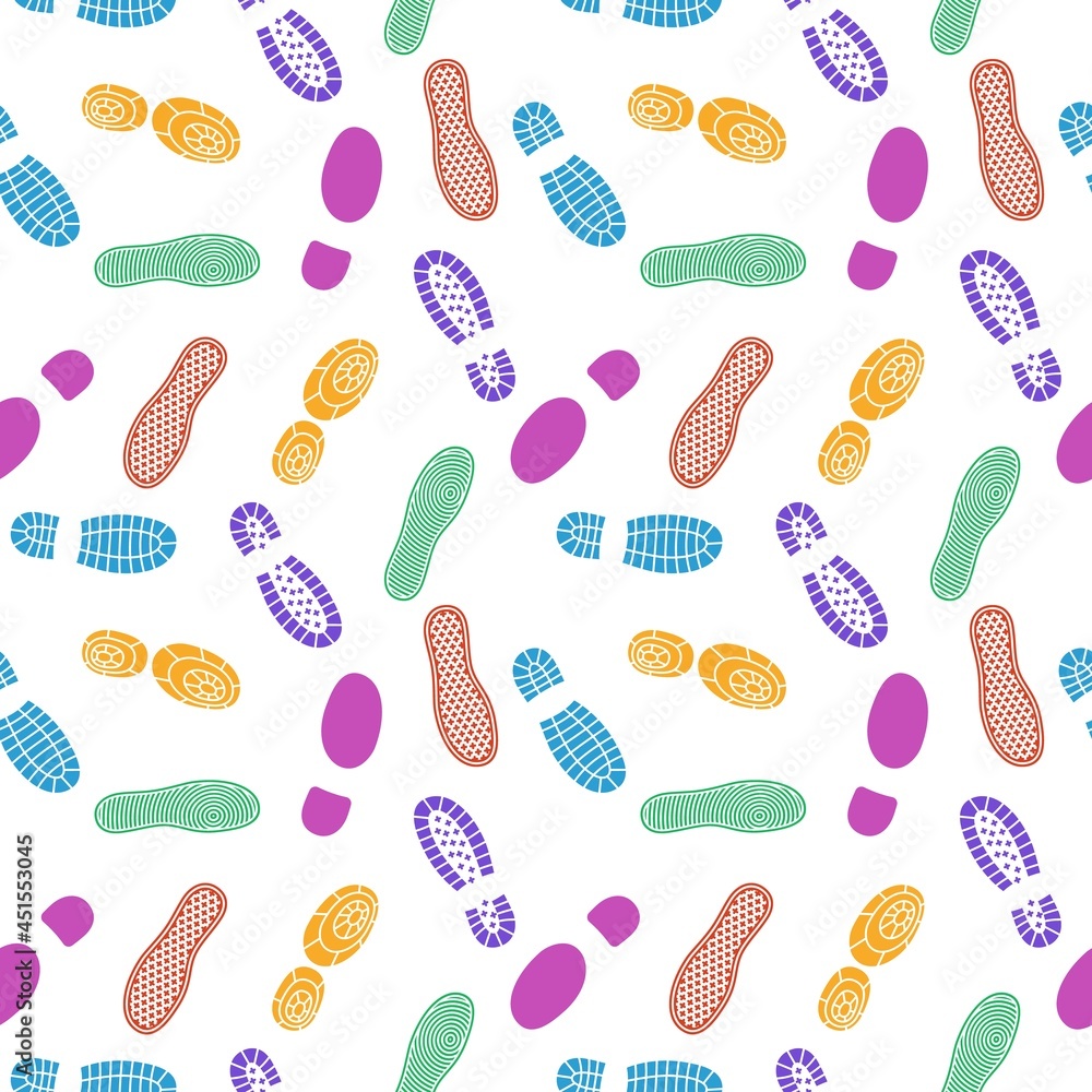 Seamless footprints. Color shoes prints, different soles traces ...