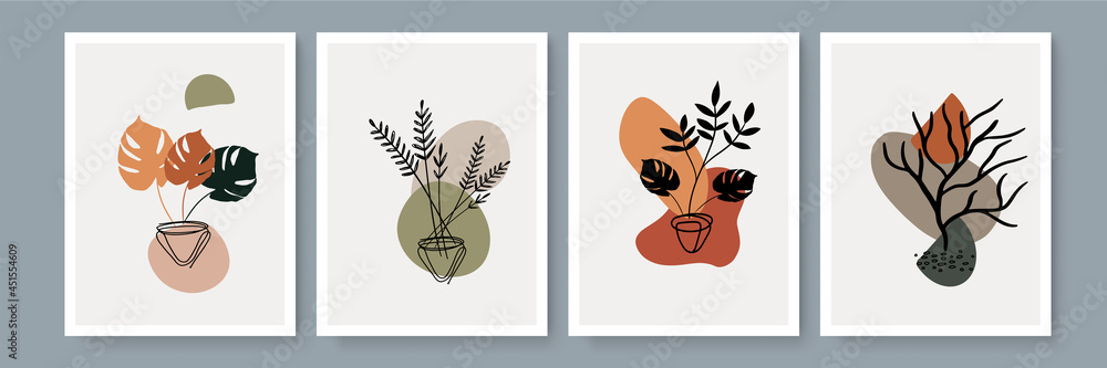 Boho poster with floral dan leaves. Botanical minimal wall art vector ...