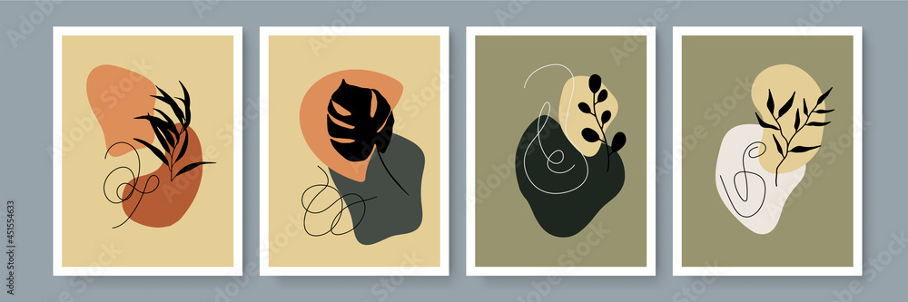 Boho poster with floral dan leaves. Botanical minimal wall art vector ...