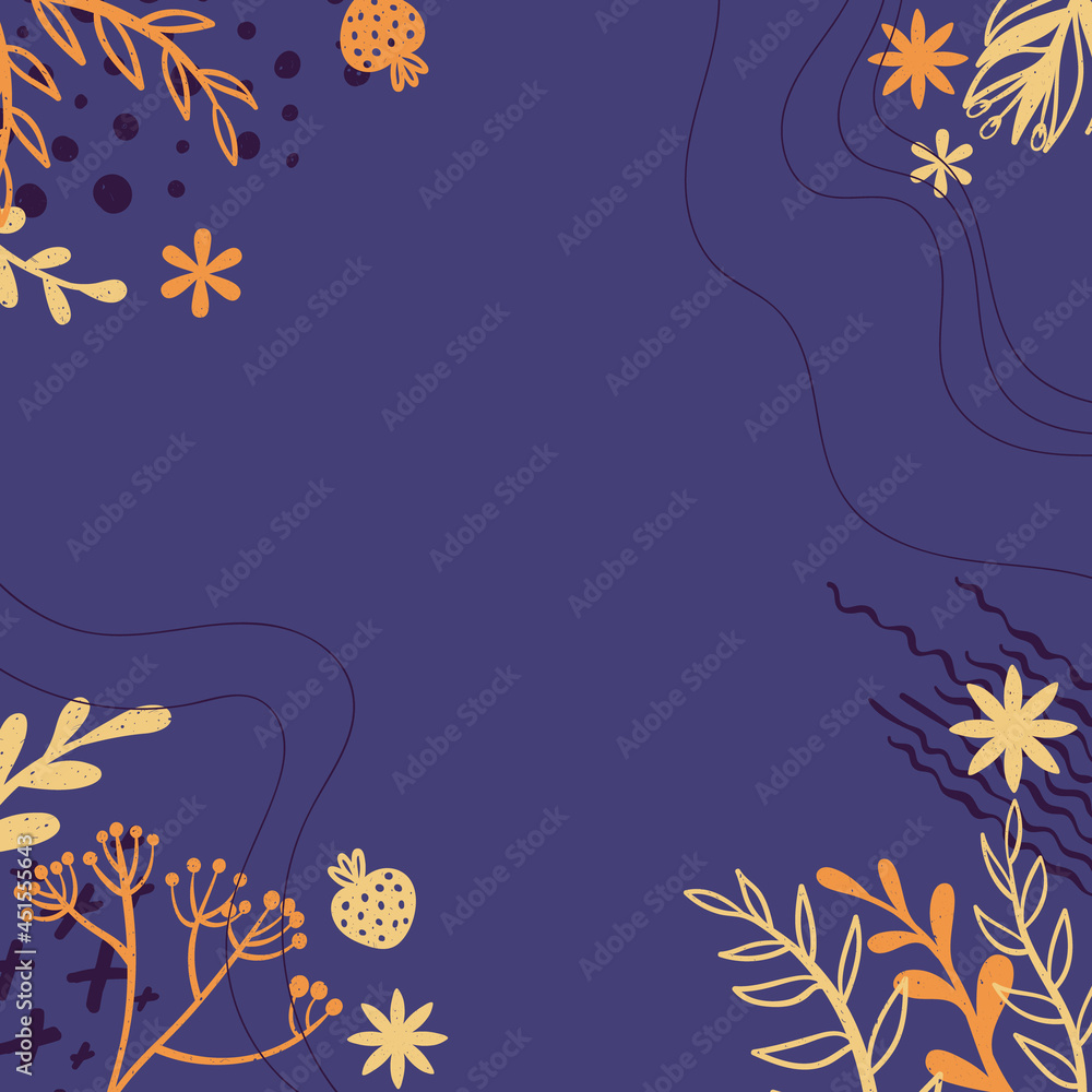 Square background with doodle flower and leaves silhouette and abstract ...