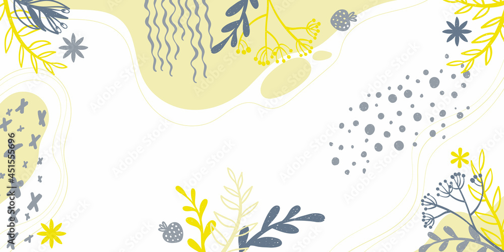 Horizontal background with doodle flower and leaves silhouette and ...