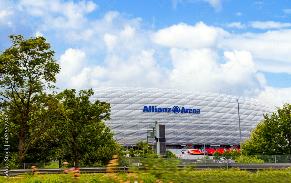 Munich, Germany - August 21, 2021: Exterior view of Allianz Arena ...
