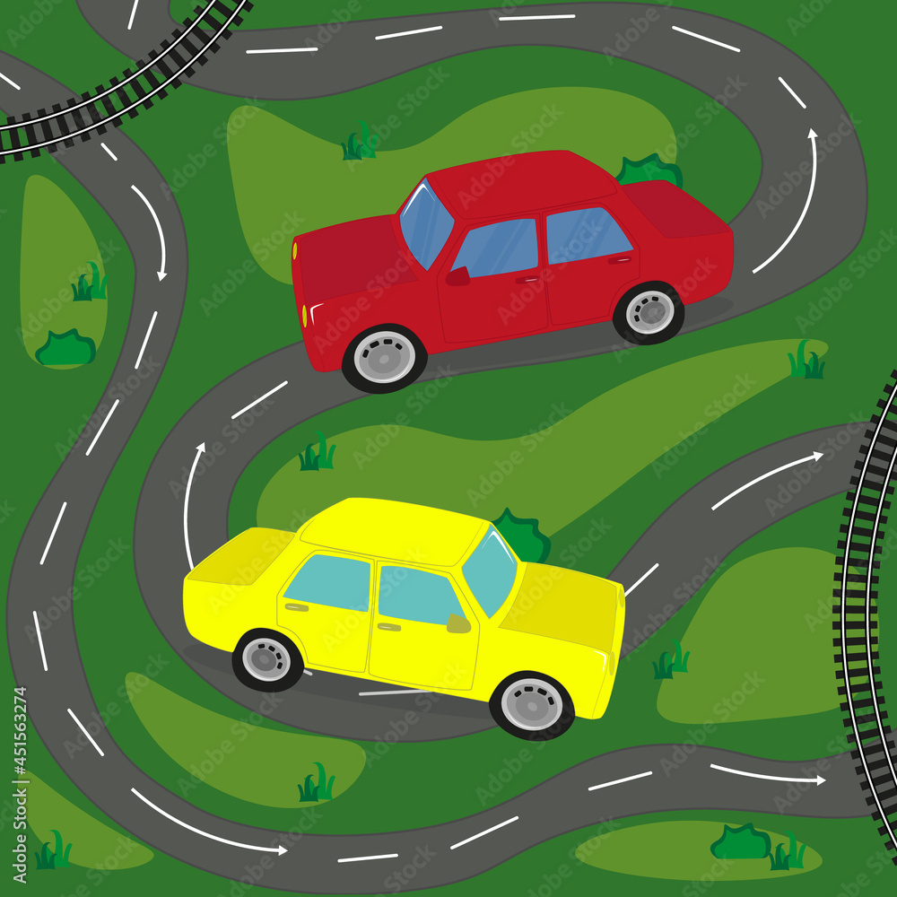 Cartoon Road Traffic Graphic Scene. Red And Yellow Toy Car Vector ...