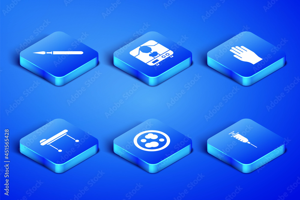 Set Syringe, Medical surgery scalpel, Petri dish with bacteria ...