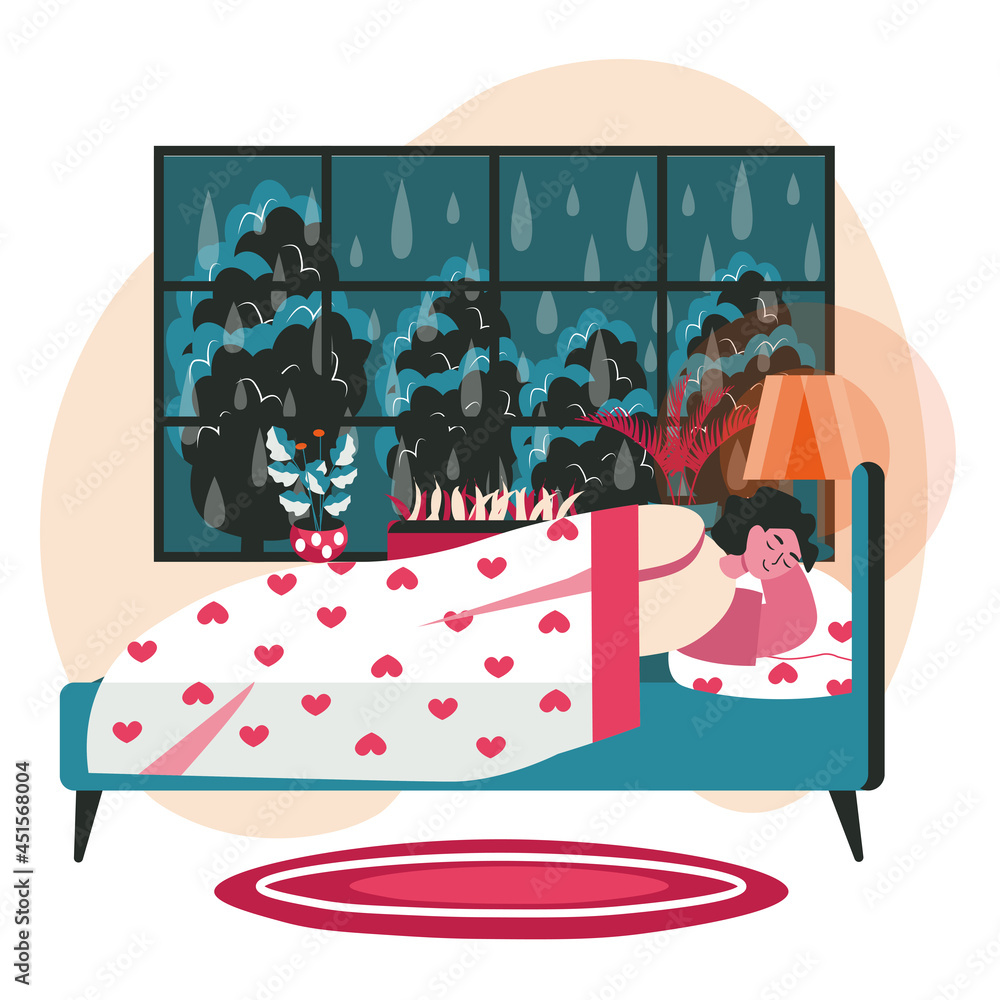 Different people relaxing in cozy bedroom scene concept. Woman sleeps ...