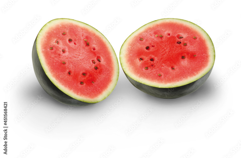 Sandia cortada por la mitad sobre fondo blanco, vista cenital ...