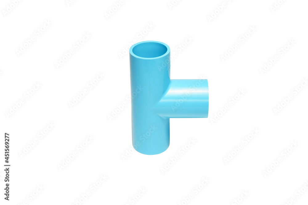 Blue PVC 90 degree Three way for water supply pipe fitting on white ...