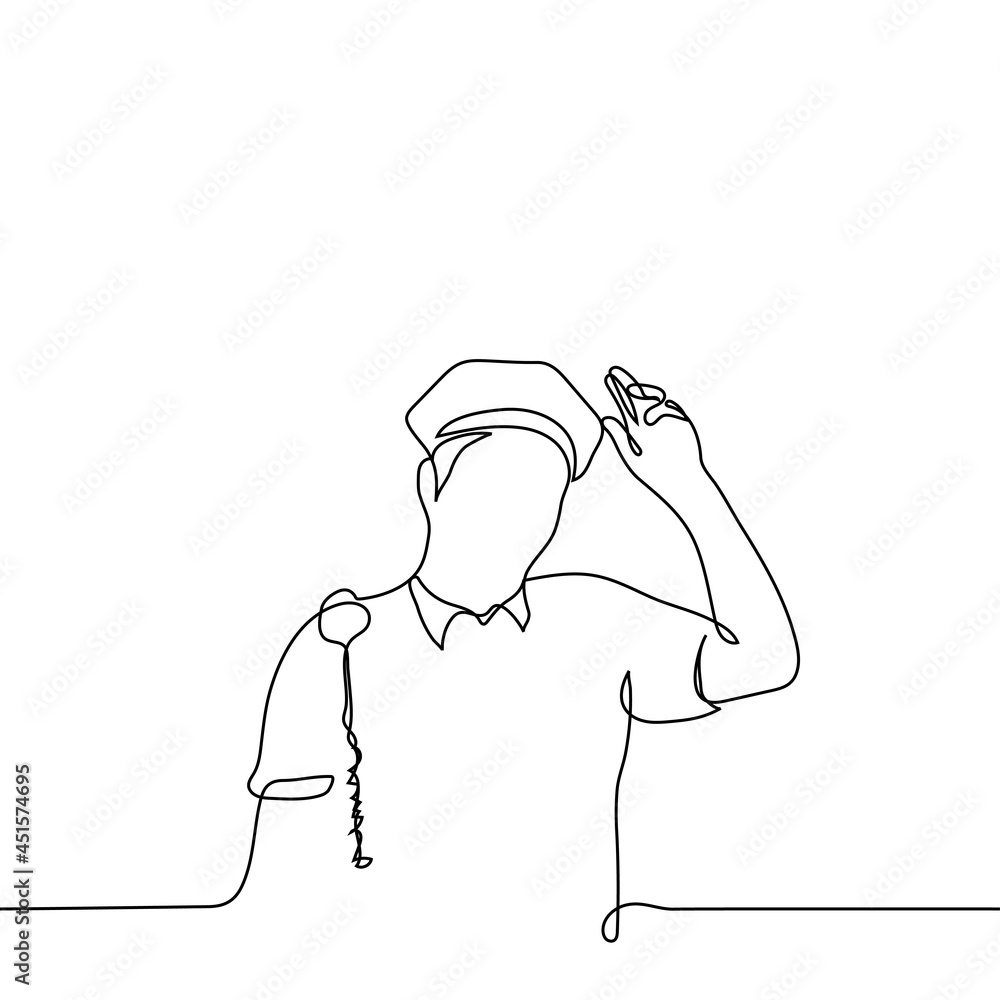 male American police officer greets - one line drawing. a law ...