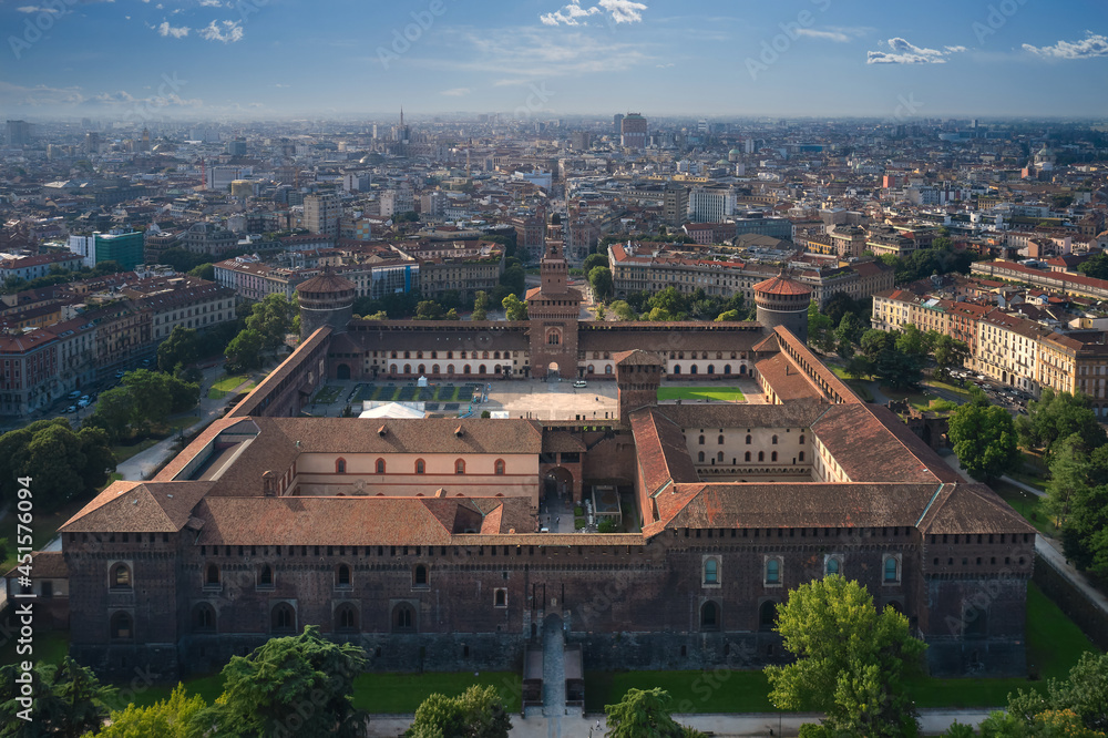 Castello Sforzesco aerial view at sunrise. Top view of Sforzesco castle ...