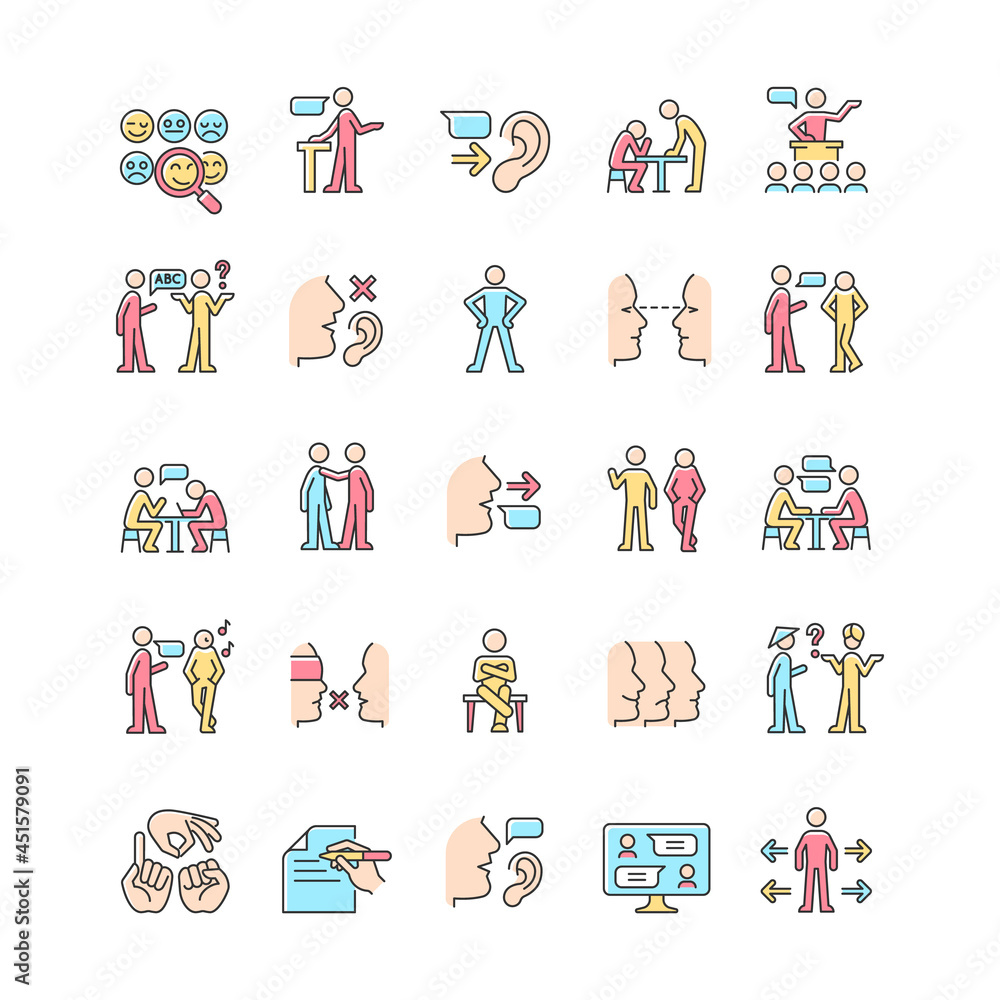 Communication channel RGB color icons set. Body language. Language ...