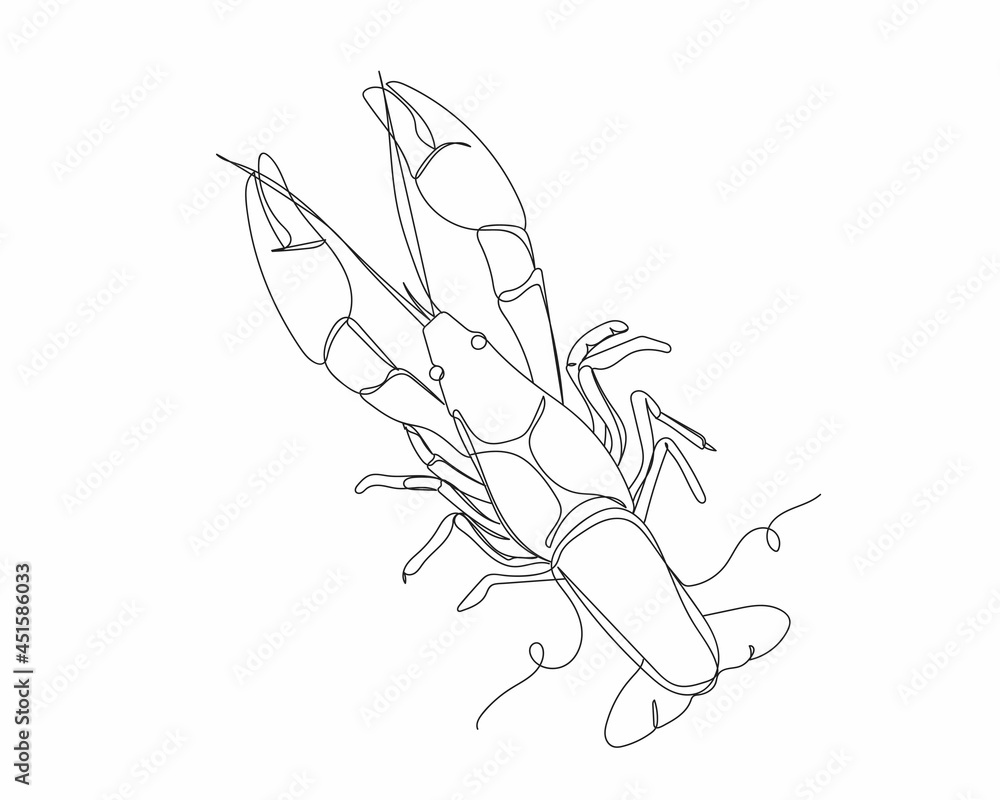 Continuous one line drawing of crawfish in silhouette on a white ...