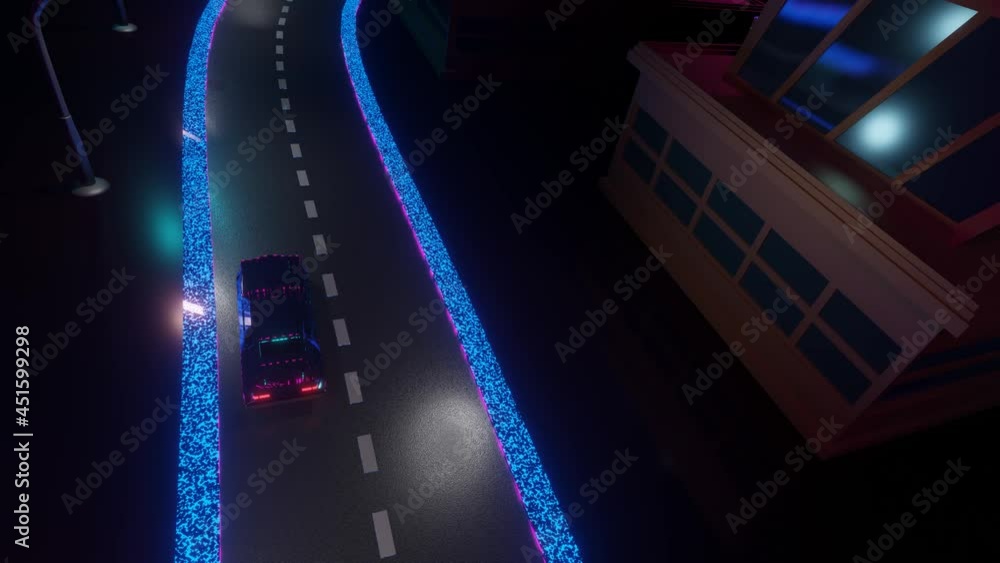 car in neon light with neon flashes drives through the city at night ...