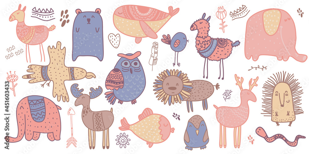 funny scandinavian animal set. Hand drawn. Doodle cartoon animals for ...