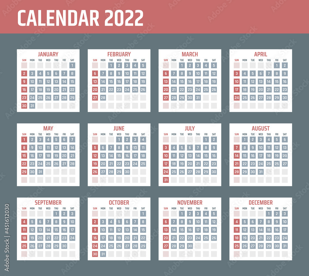 2022 year calendar, calendar design for 2022 starts sunday Stock Vector ...