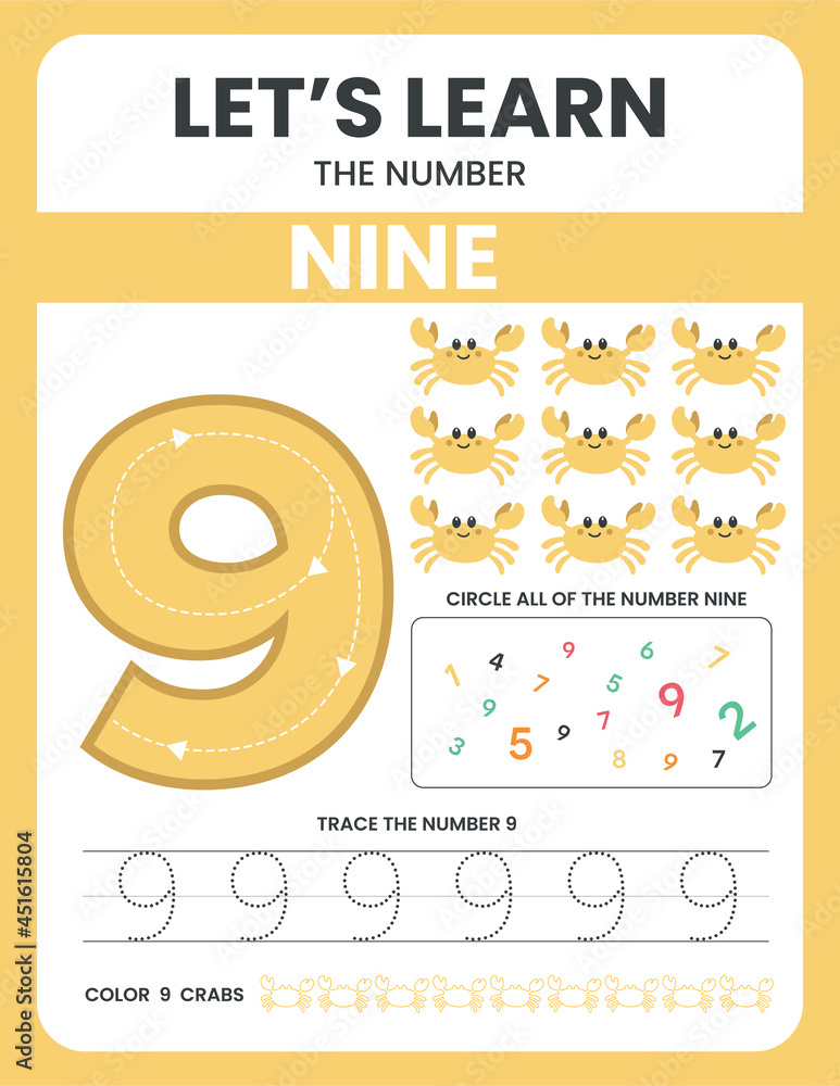 Number 9 worksheet is a vector illustration for a mathematic subject in ...