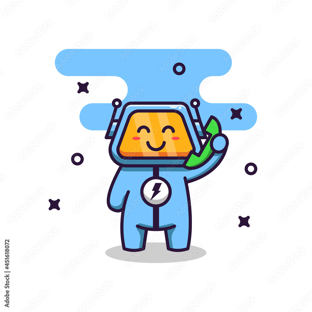 Cute robot holding a phone cartoon illustration. Flat design style ...