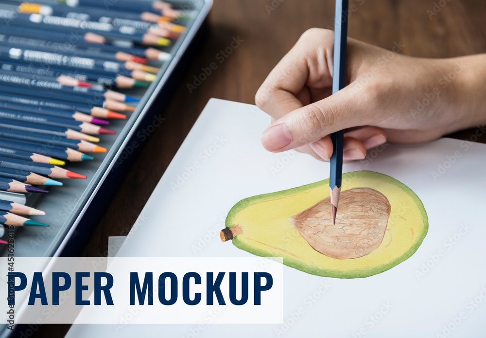 Woman Drawing on Blank Paper Mockup with Set of Colored Pencils Stock ...