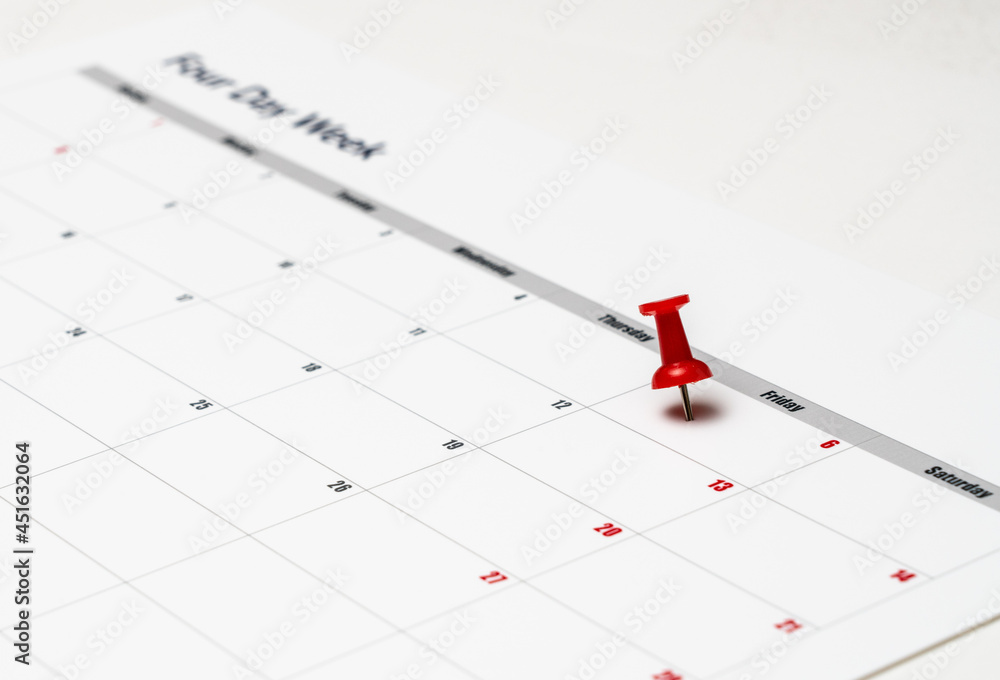 Printed calendar for a 4 day working week showing weekend days in red ...