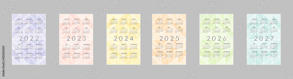 2022 2023 2024 2025 2026 2027 calendar collection with multicolor ...