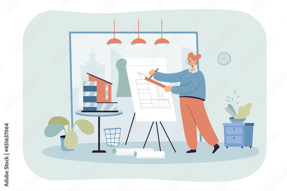 Woman architect working in studio flat vector illustration. Cartoon ...