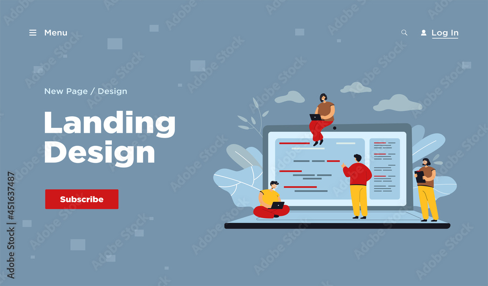 Vetor de Cartoon tiny young programmers and coders working with computers. Flat vector ...