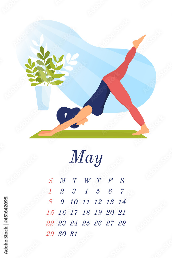 Vertical calendar, page calendar for third month of spring. Yoga ...