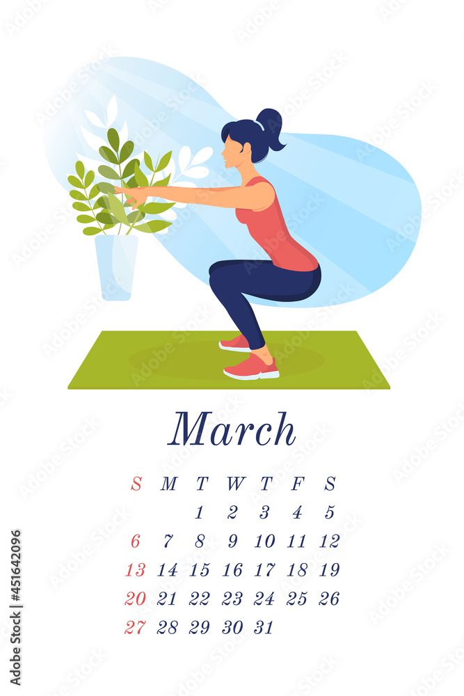 Vertical calendar, page calendar for first month of spring. Yoga ...