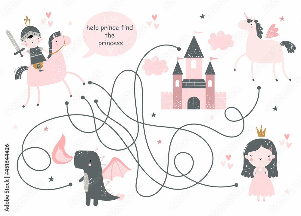 Vector hand drawn cute funny kids maze. Help the prince find the ...